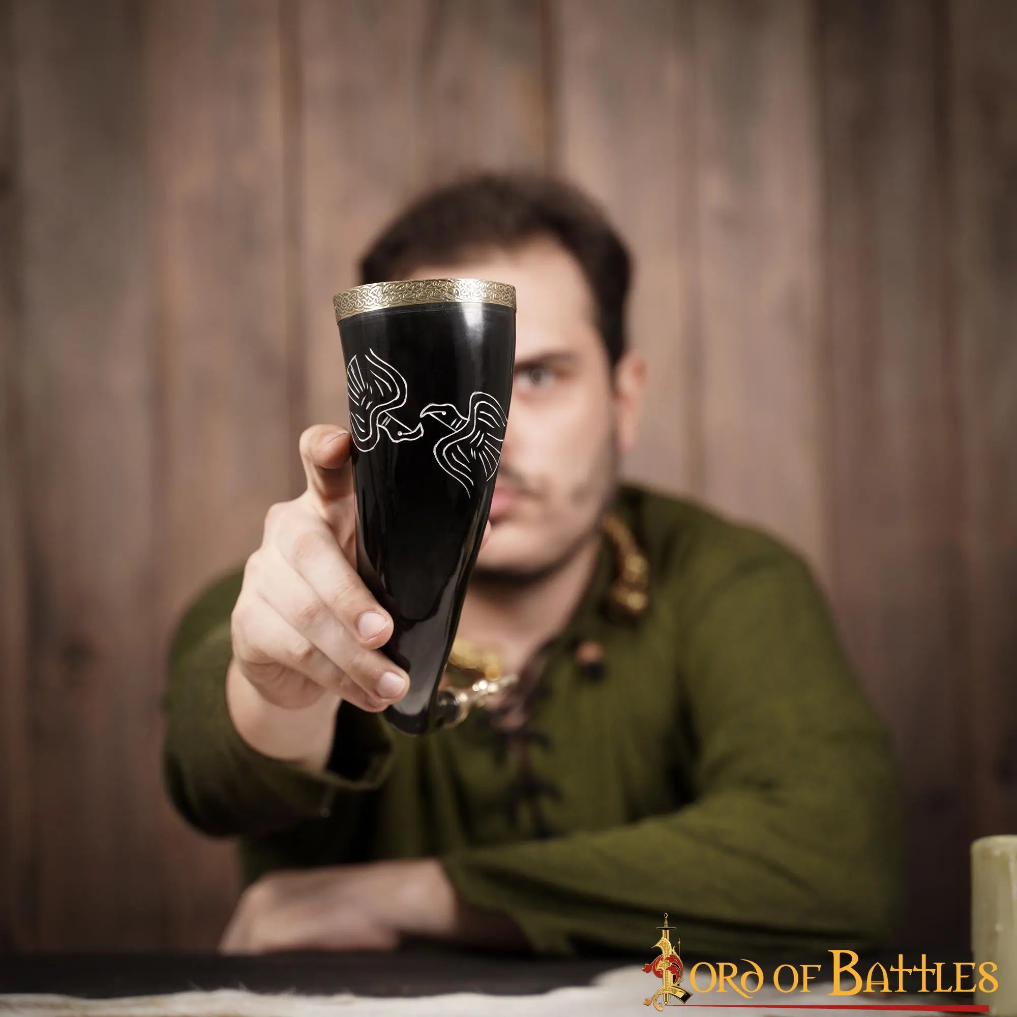 Engraved Twin Ravens Drinking Horn with Brass Fittings Handcrafted ...