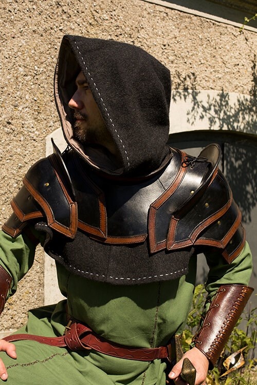 Leather shoulder & neck armour, brown-black - CelticWebMerchant.com