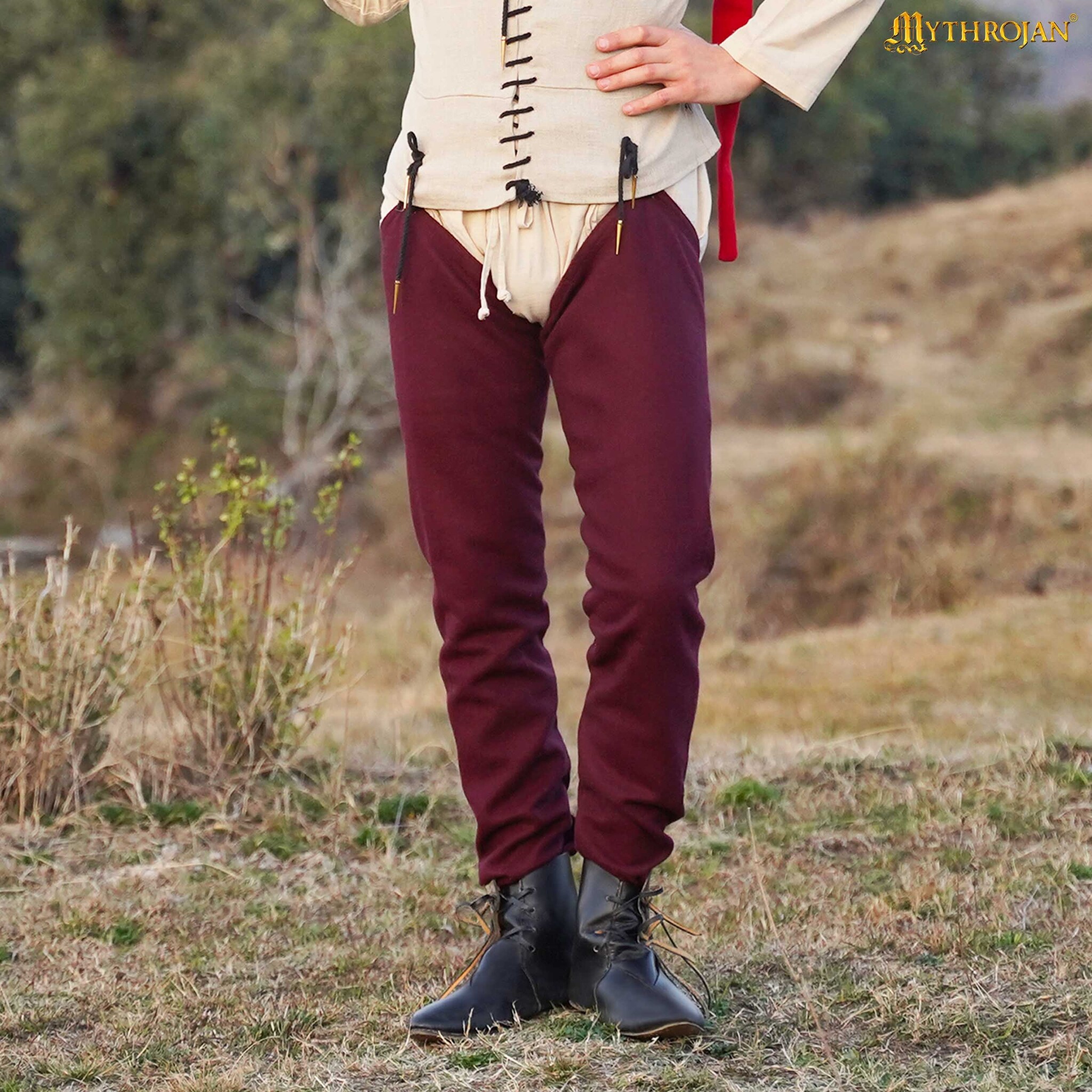 Mythrojan Medieval chausses, wool, dark red - CelticWebMerchant.com
