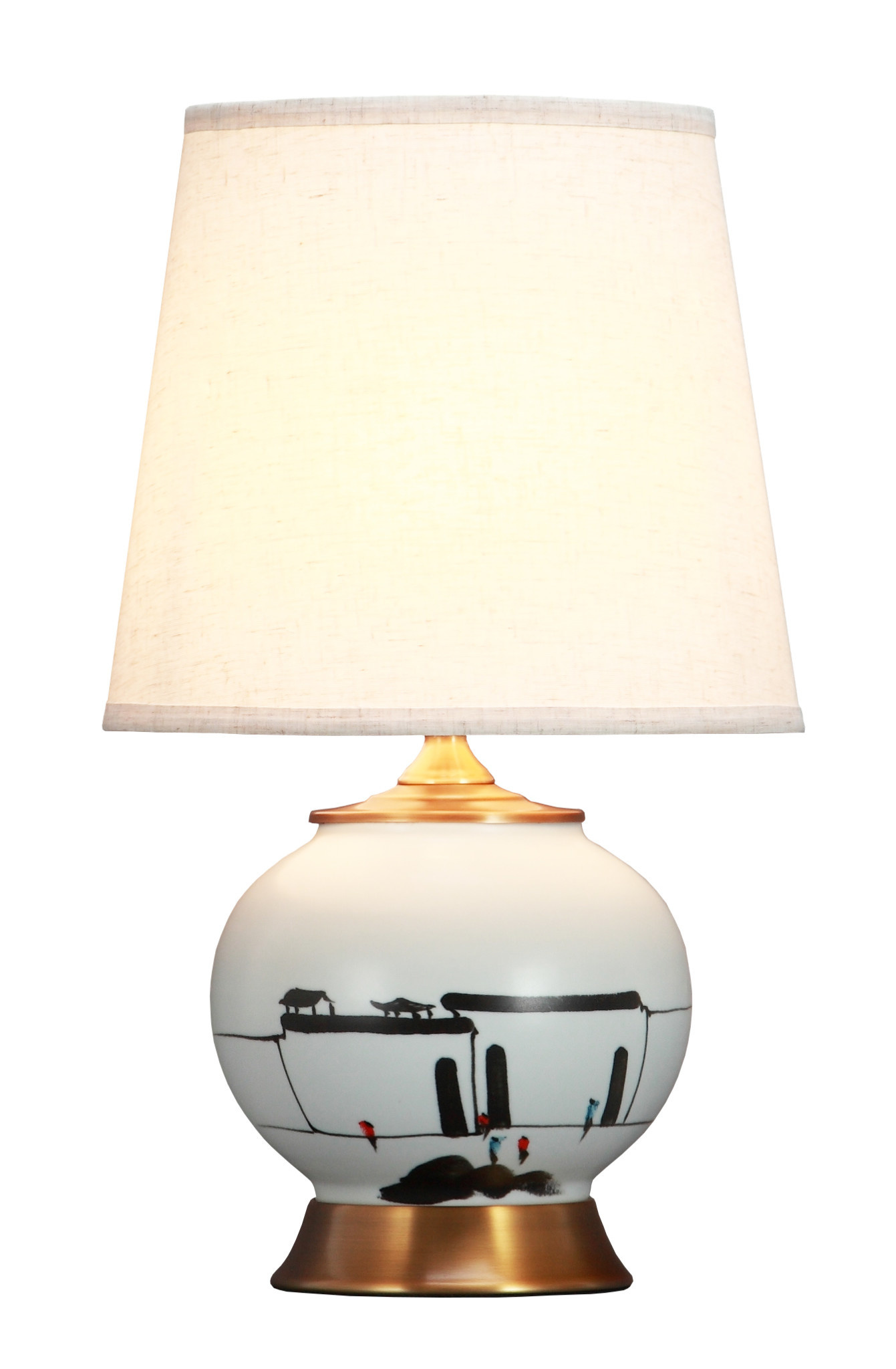 Chinese Table Lamp Black White Scenery Bronze Base D28xH48cm - Fine ...