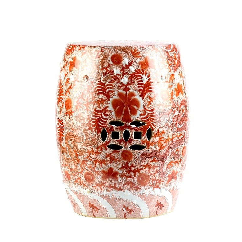 Ceramic Garden Stool Porcelain Hand-painted Dragons Red D33xH45cm ...