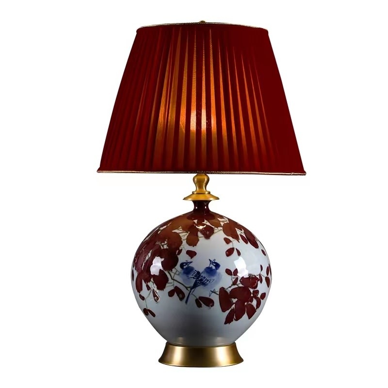 Chinese Table Lamp Porcelain Red Flowers with Lampshade D40xH61cm ...