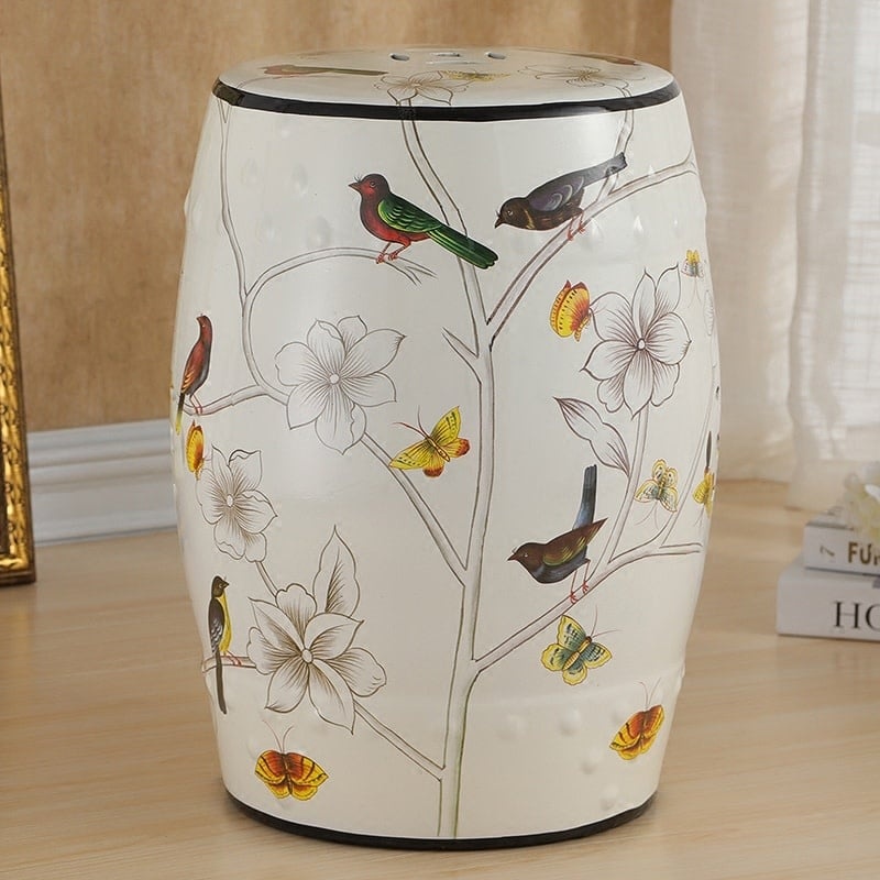 Ceramic Garden Stool White Birds Handmade -Tayla D30xH45cm - Fine ...