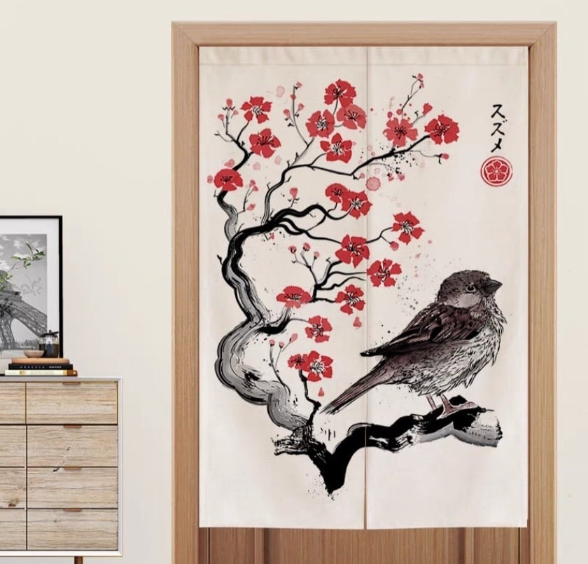 Noren Giapponese Calligrafia Uccello su Albero in Fiore L80xA130cm ...