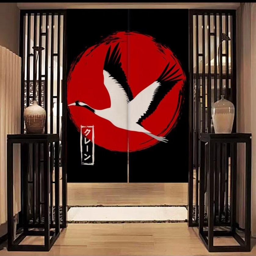Japanese Noren Crane Red Sun W80xH130cm - Fine Asianliving