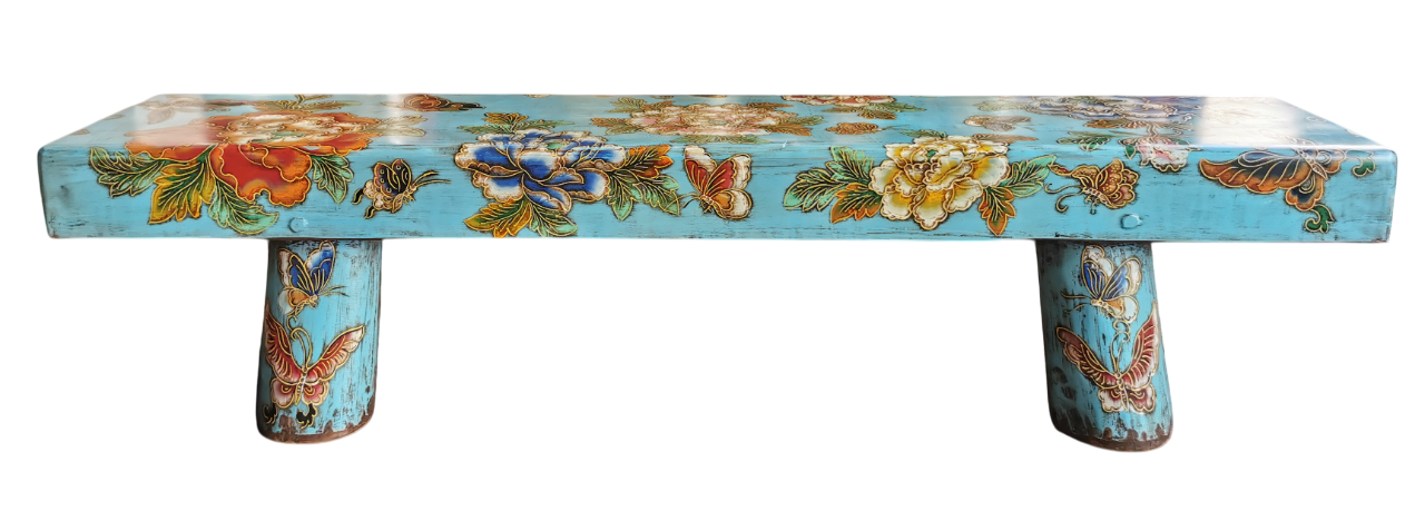 Chinese Bench Hand-painted Flowers and Butterflies Sky Blue W190xD35xH ...