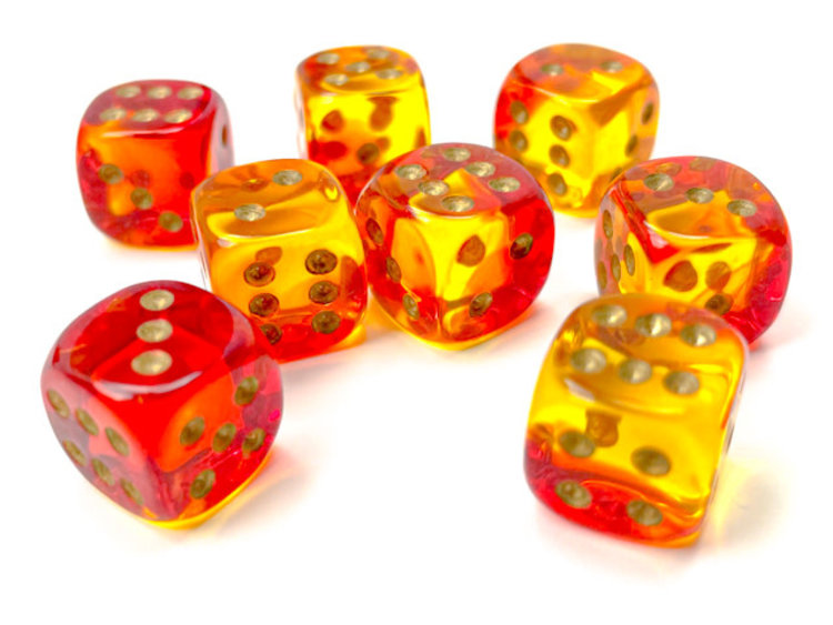 Chessex: Red-Yellow/gold - 36 Gemini Translucent 12mm D6 Dice Block ... Chessex: Red-Yellow/gold - 36 Gemini Translucent 12mm D6 Dice Block ...