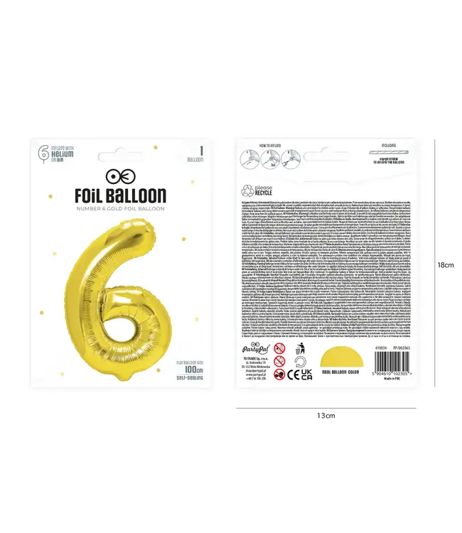 PartyPal Cijferballon 6 Goud | 100 cm - Feestdeco