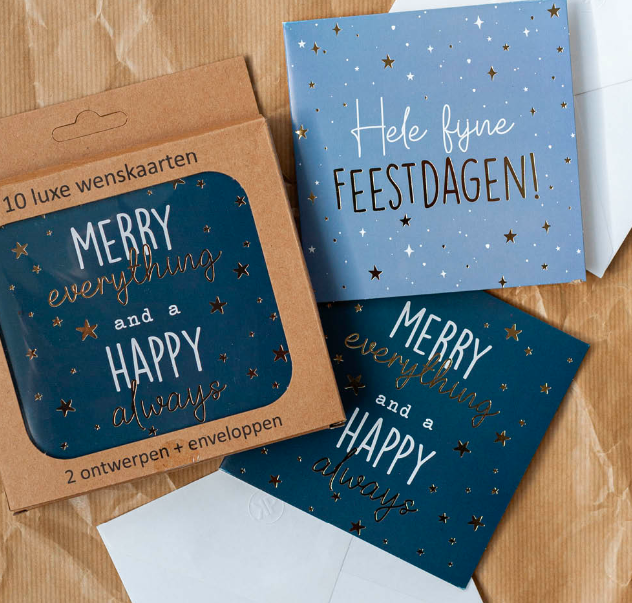 Luxe kerstkaarten | Fijne feestdagen en Merry everything | 10 stuks - Feestdeco