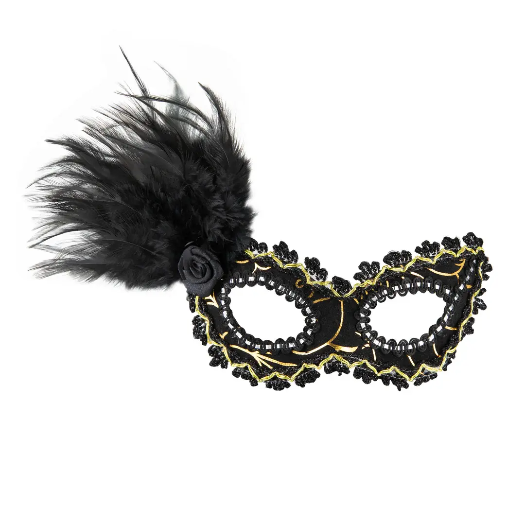 PartyPal Masker met veren | Zwart en goud - Feestdeco