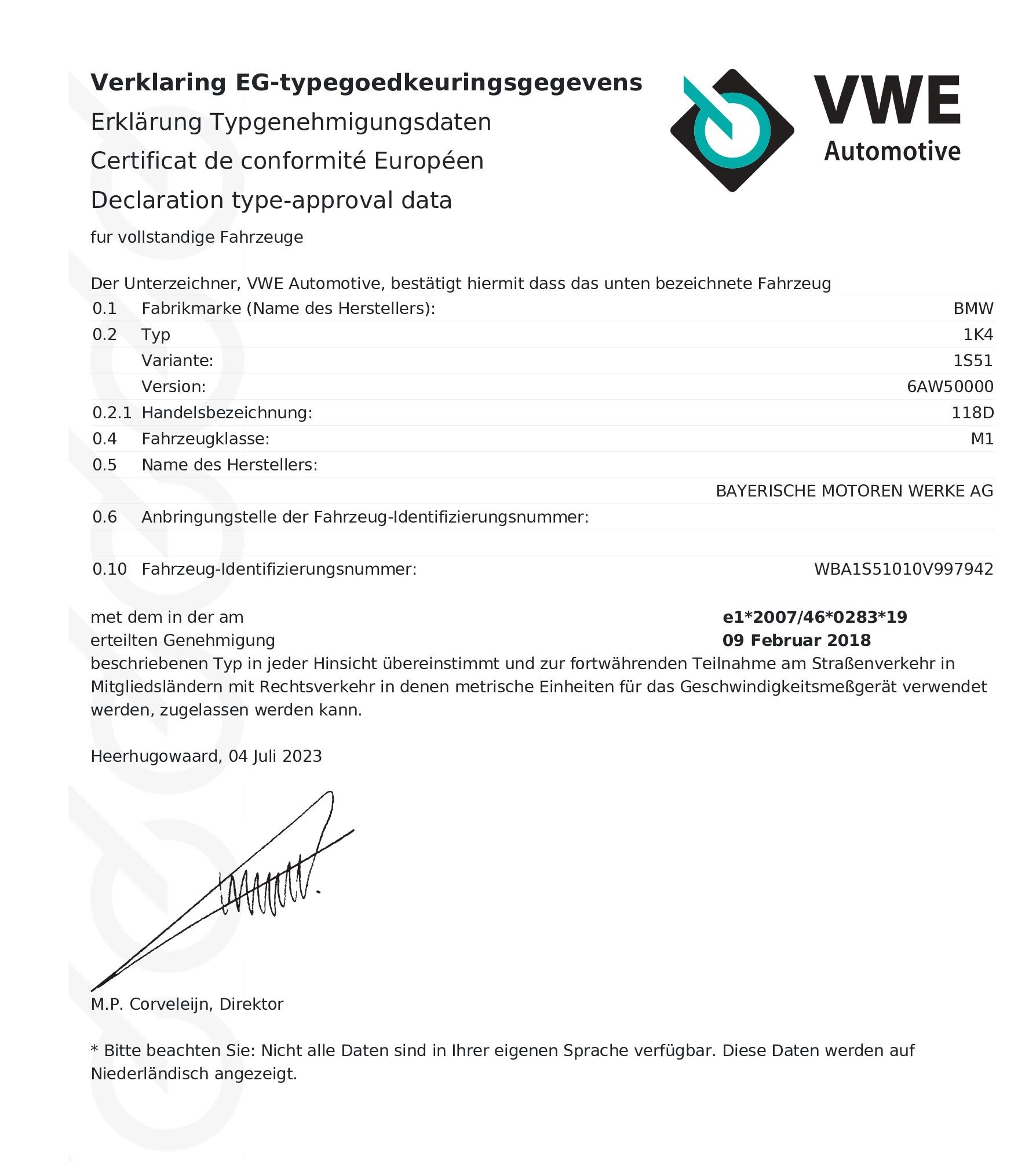 Verklaring Typegoedkeuringsgegevens (VTG) - CARGO Webshop