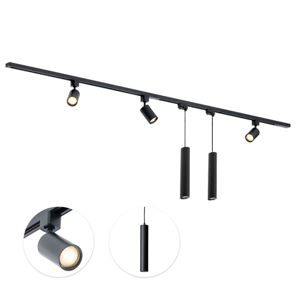 Focus III railverlichting 3 spots en 2 hanglampen zwart - 300cm | Qub ...
