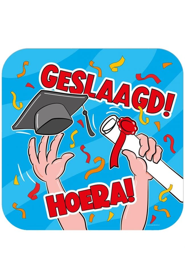 Huldeschild hoera geslaagd cartoon - FeestkledingBreda.nl