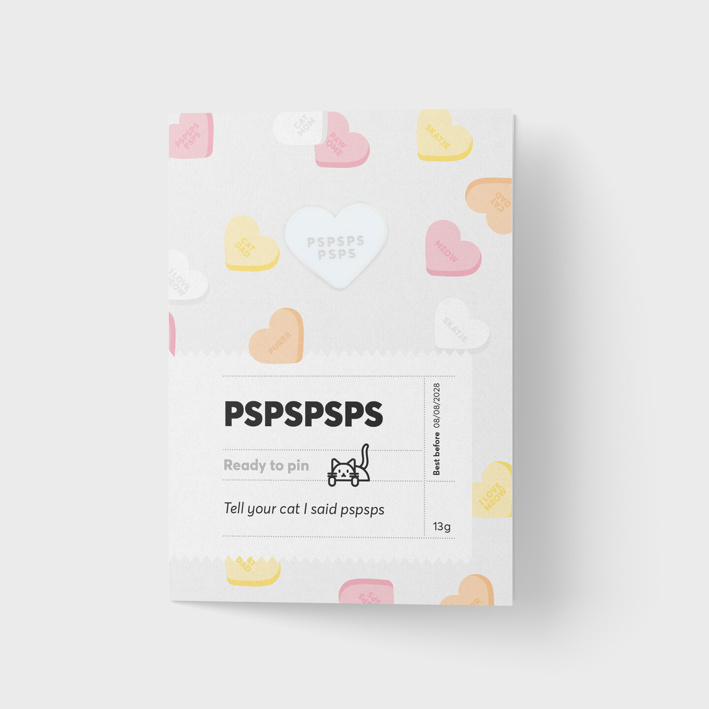 Snoephartjes wenskaart met pin 'Pspspspsps' - Kat & Bakkie