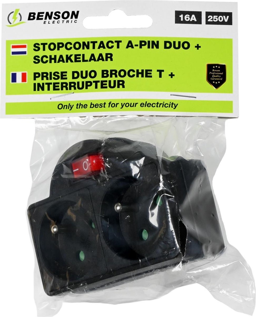 Stopcontact Duo - A-Pin - Schakelaar - 250V - Zwart - SuperSoldi