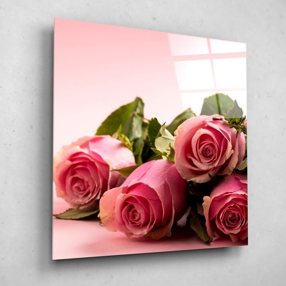 Portret van liggende roze rozen • 100 x 100 cm • Glazenschilderijen.nl