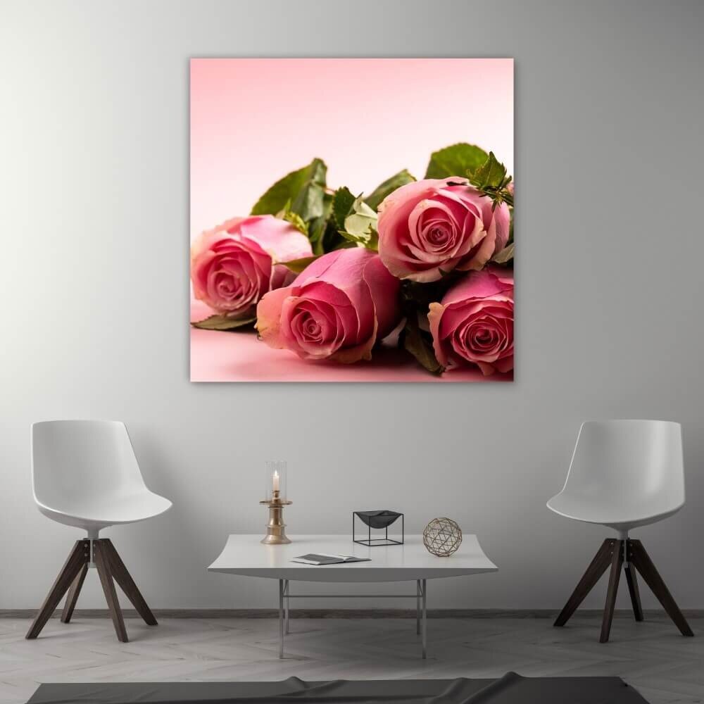 Portret van liggende roze rozen • 100 x 100 cm • Glazenschilderijen.nl
