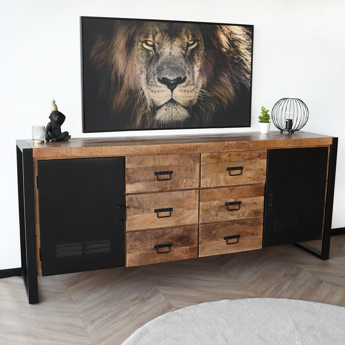 Dressoir mangohout Jazzy bruin/zwart industrieel 200x85cm - AQ-Living.com