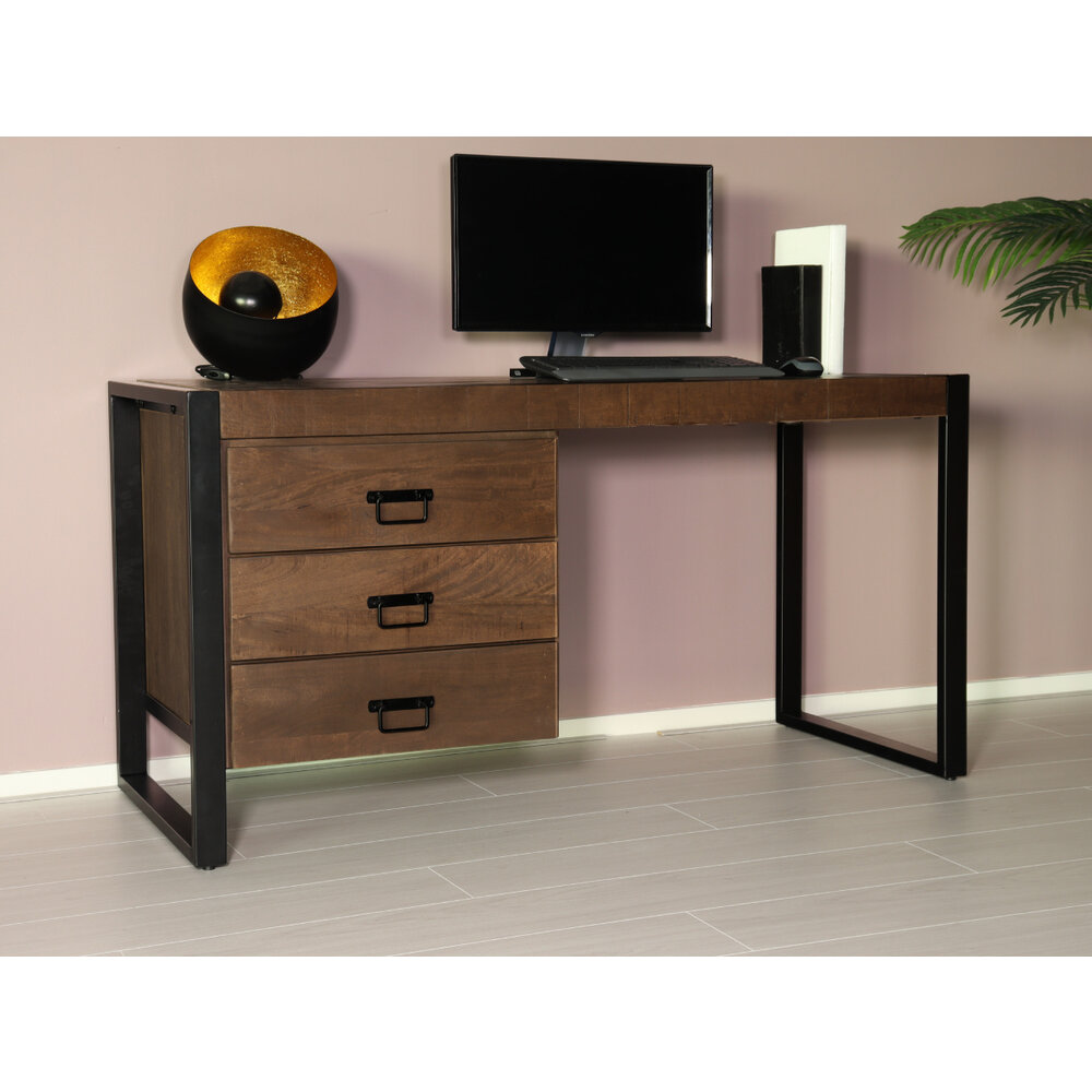 Bureau Nicko 145cm walnoot bruin industrieel duurzaam massief mangohout ...
