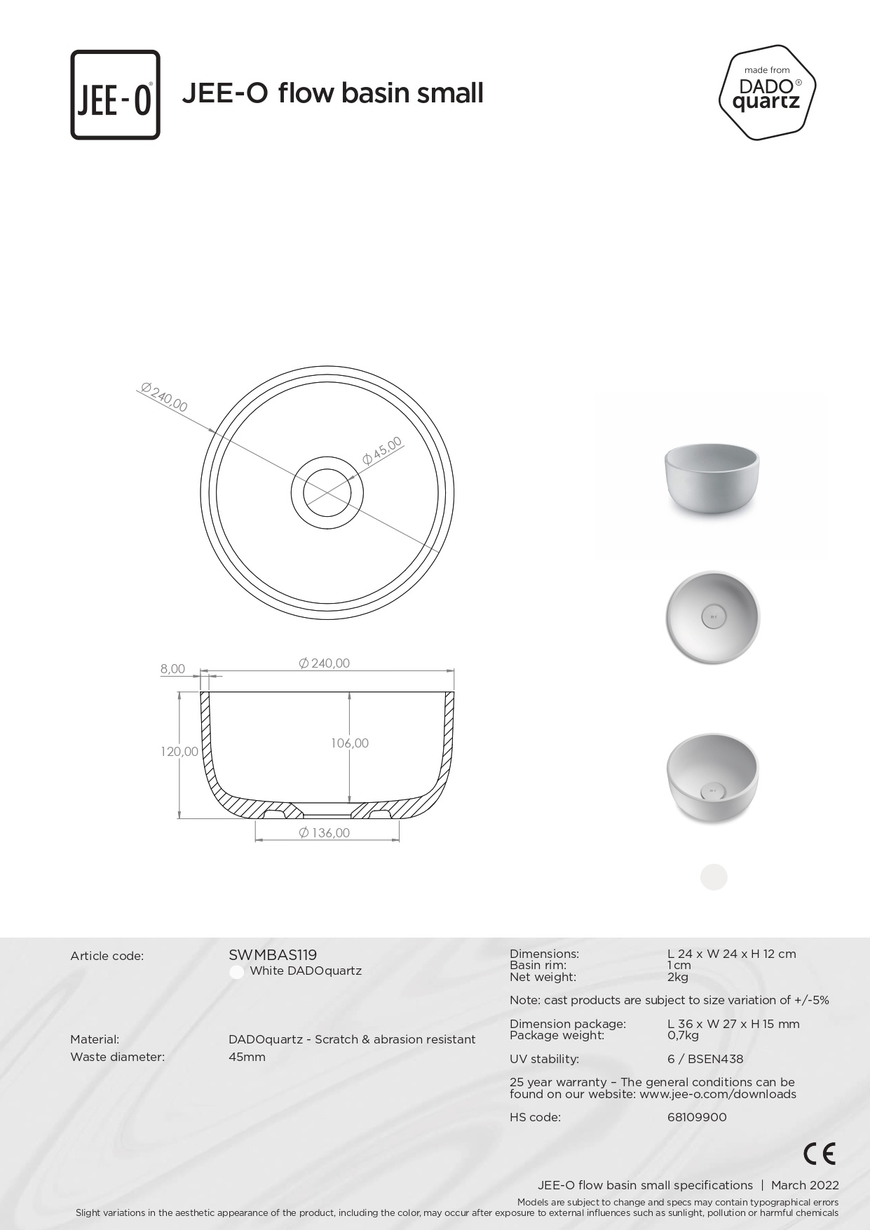 JEE-O Flow fontien opzetkom mat wit brons - Badkamer voor jou