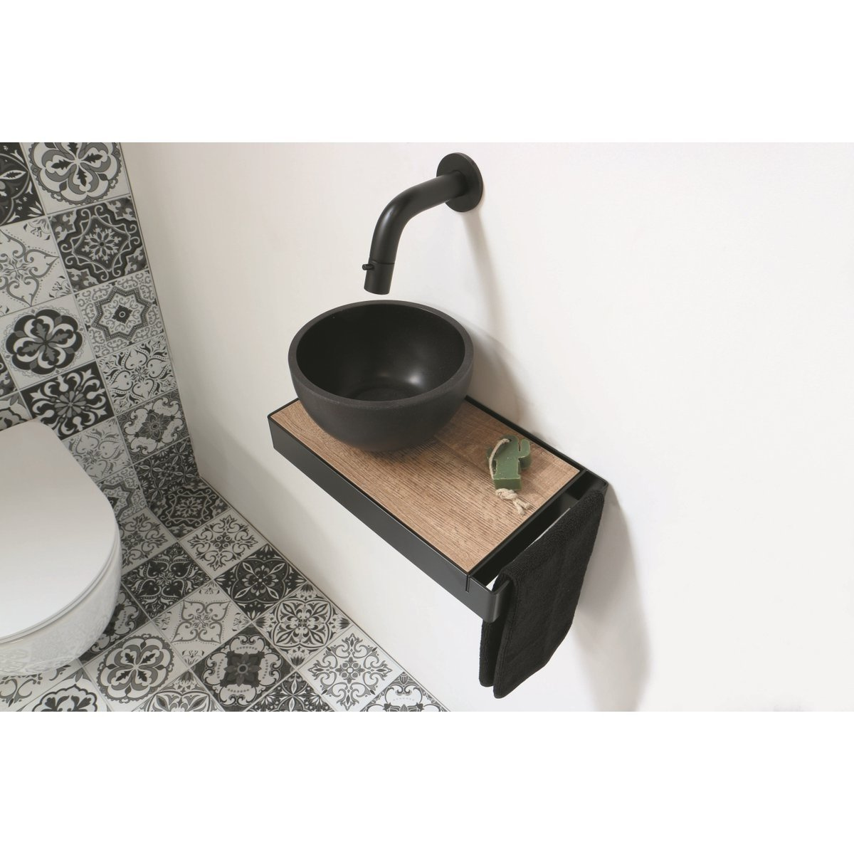 Ink Jazz XS toiletmeubel frame Zwart plateau Naturel Eiken waskom links ...