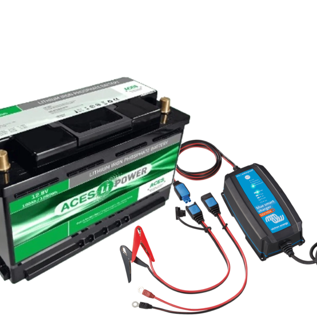 ACES Accu Lithium 12V 100Ah + Victron Acculader IP65 10A - BlauweStroomShop