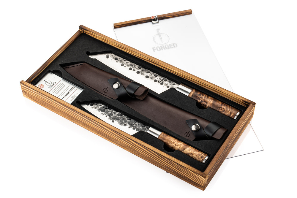 Forged VG10 Bunka messenset met lederen hoesjes - BBQ Store Nederland
