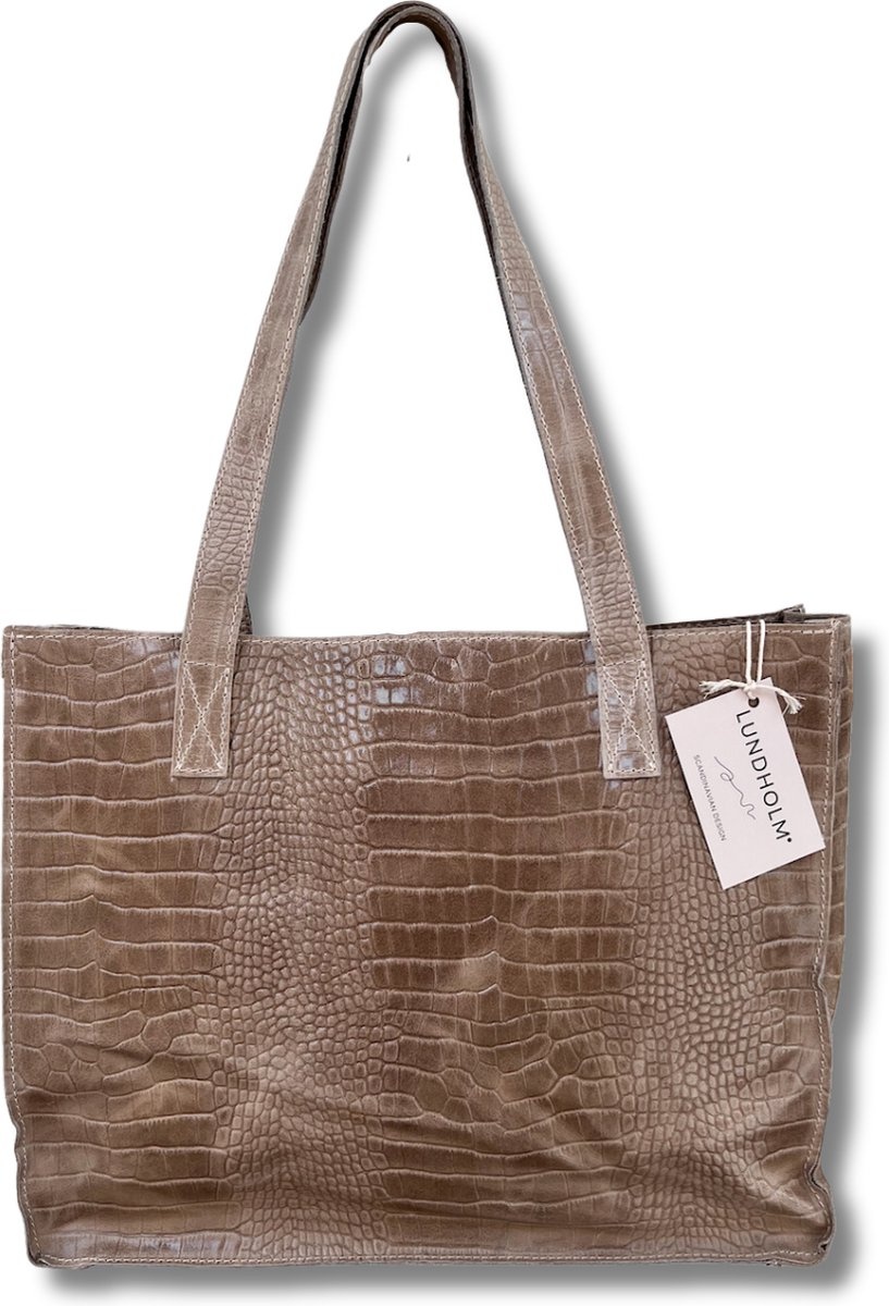 Lundholm leren shopper dames schoudertas dames beige kroko design ...