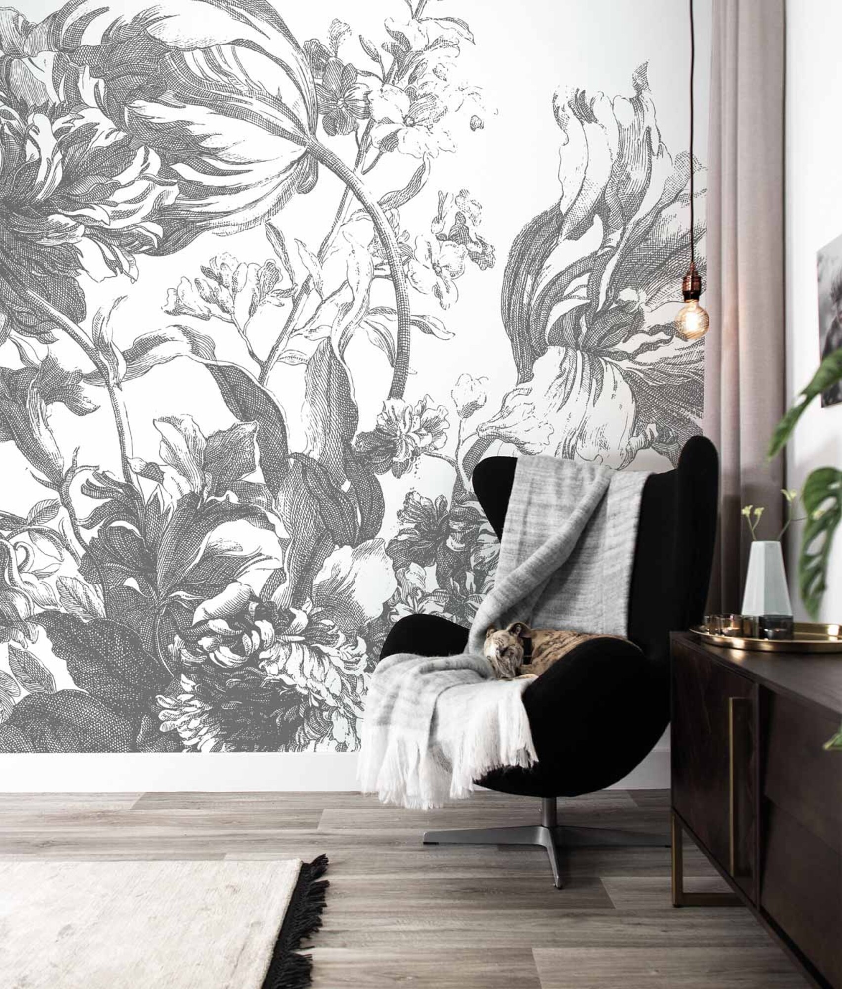 Behang op maat met prachtig gegraveerde bloemen in zwart-wit, RM-005 ...
