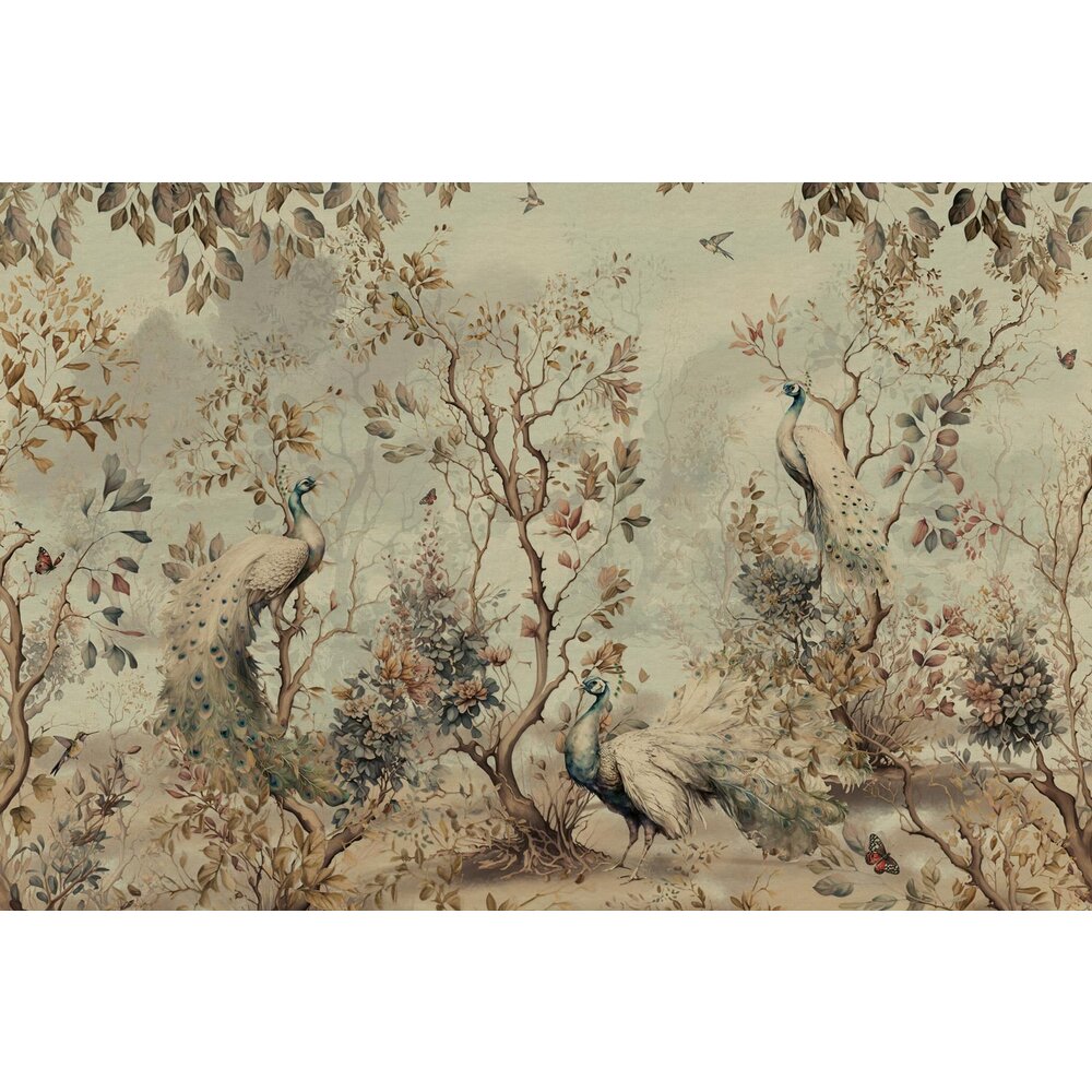 Elegant klassiek behang met fresco tekening van trotse pauwen ...