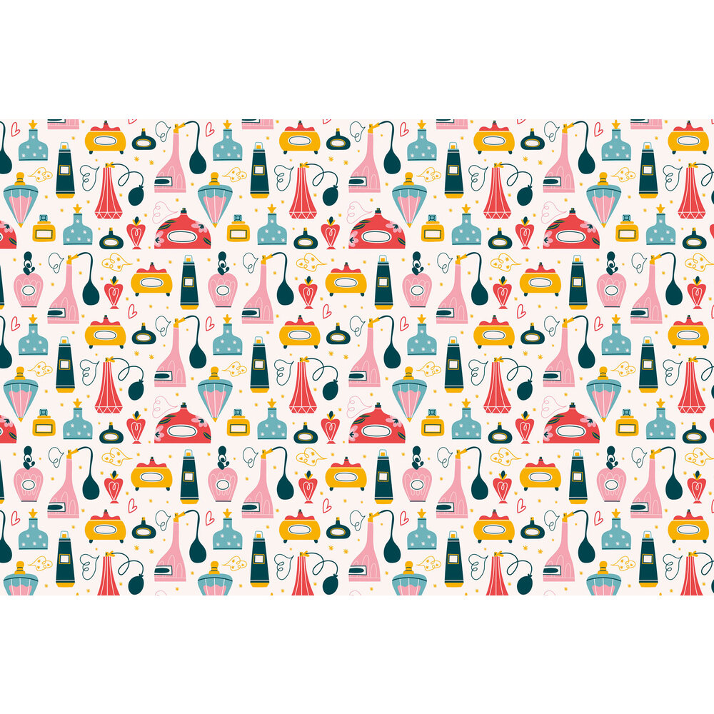 Bijzonder kinderbehang met vrolijk getekende parfumflesjes - Amsterdam ...