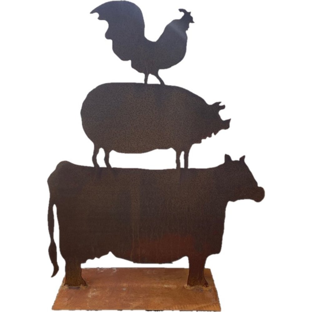 Rusty rooster, pig, cow on pedestal - Mullrose