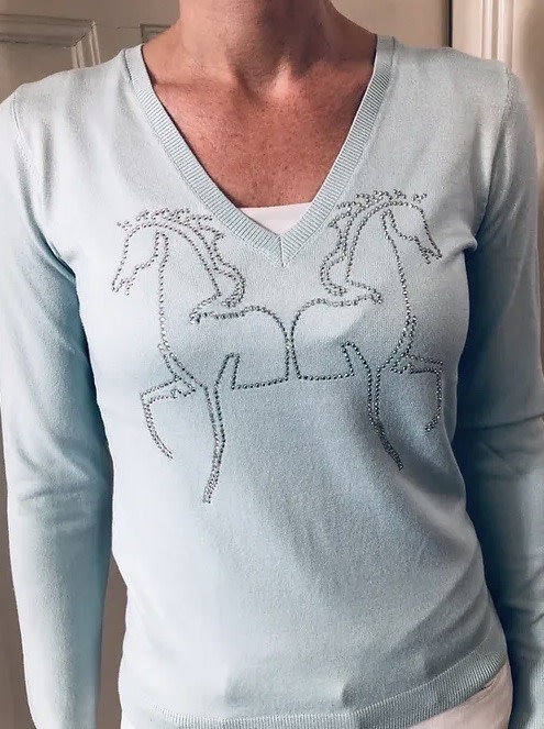 Equestrian style v-neck sweater light green sparkling horses ...