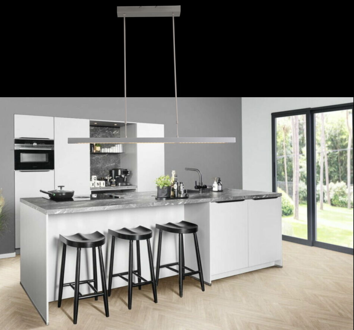 Platte led lamp 200 cm boven kookeiland rvs | Keuken hanglamp - Licht ...