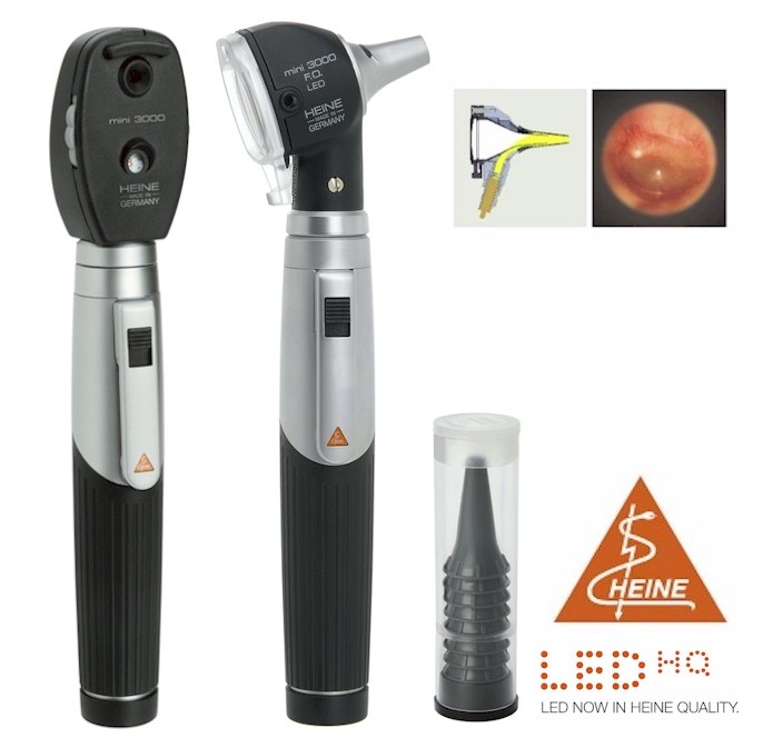 Heine Mini 3000 F.O. LED oog/oorset met 2 batterijhandvatten ...