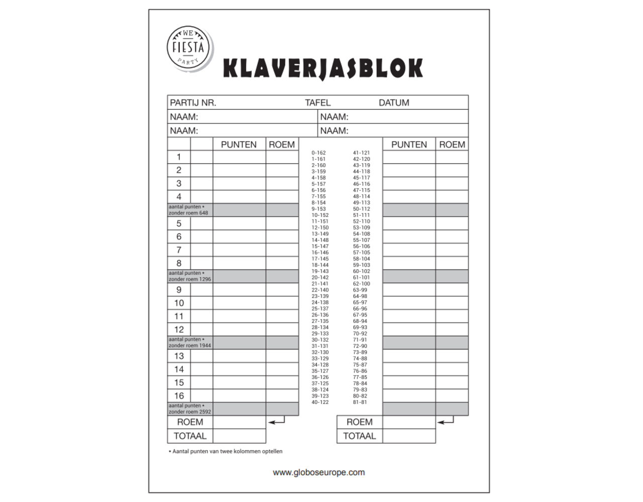 Klaverjas Scorepad 21cm 50 Seiten - Partywinkel