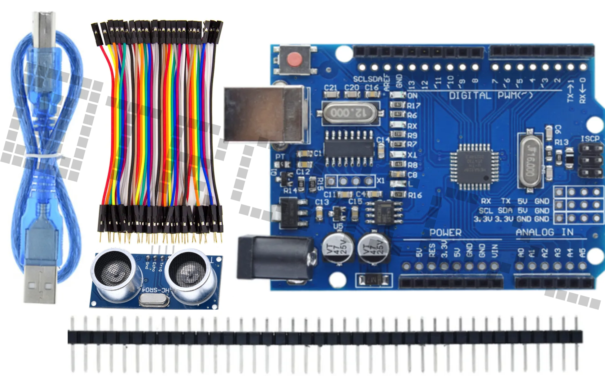 Arduino Uno R3 Starter Kit with the HC-SR04 distance sensor and dupont cables - OTRONIC