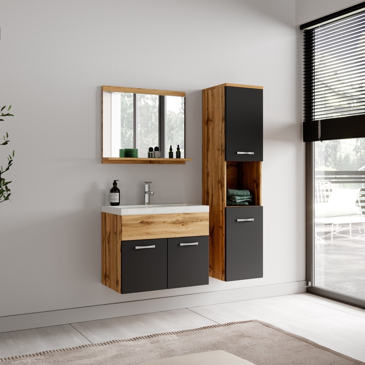 Badkamerkast Montreal 30 x 30 x 131 cm - eiken met zwart - Badplaats