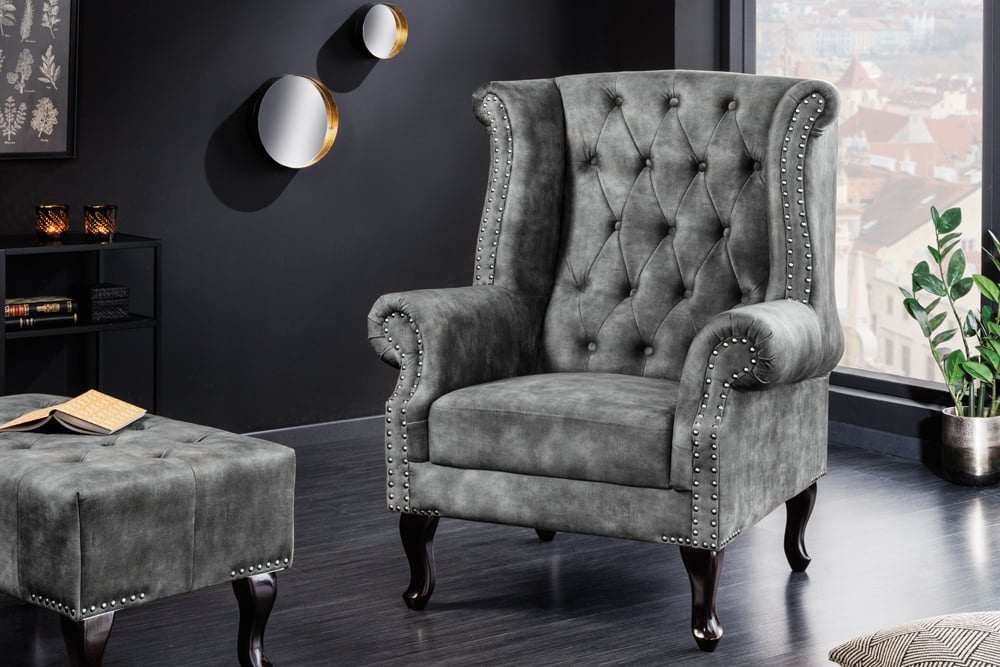 Invicta Interior Design vleugelfauteuil CHESTERFIELD 105cm grijs ...