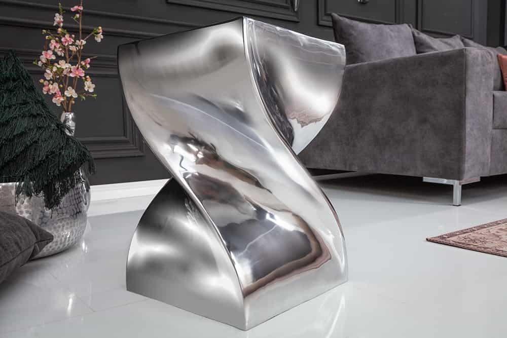 Sculpturale bijzettafel TWIST 30cm zilver gepolijst aluminium kruk ...