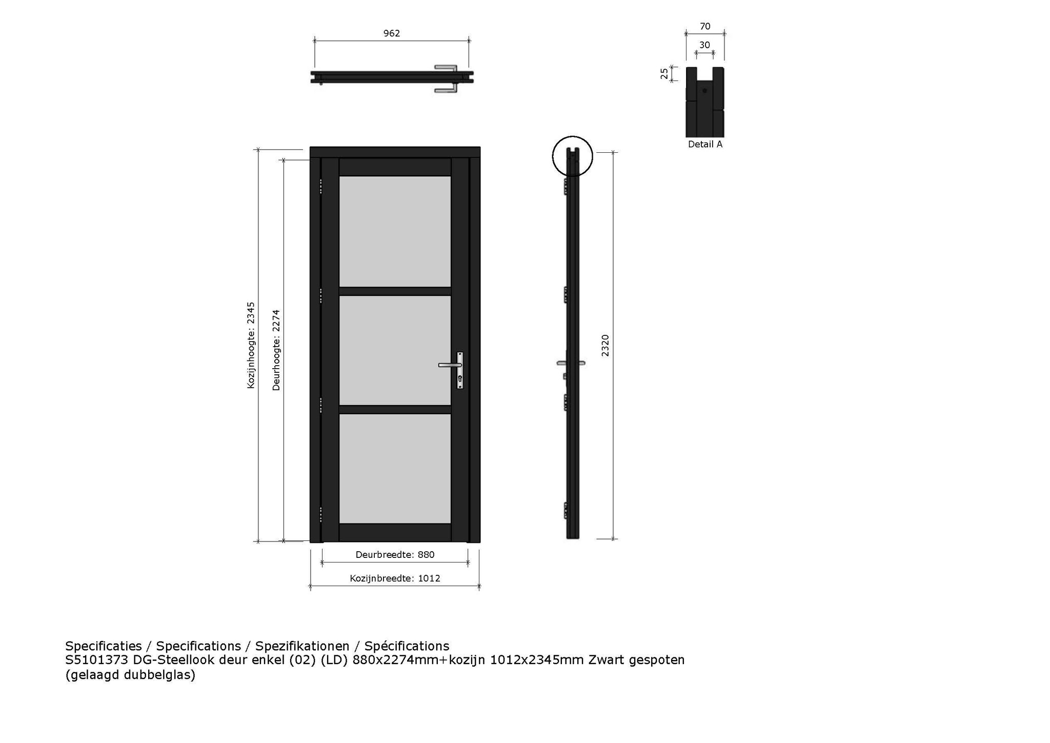 Douglas glasdeur | Steellook zwart | Enkel | 3vaks - Houthandel van Gelder