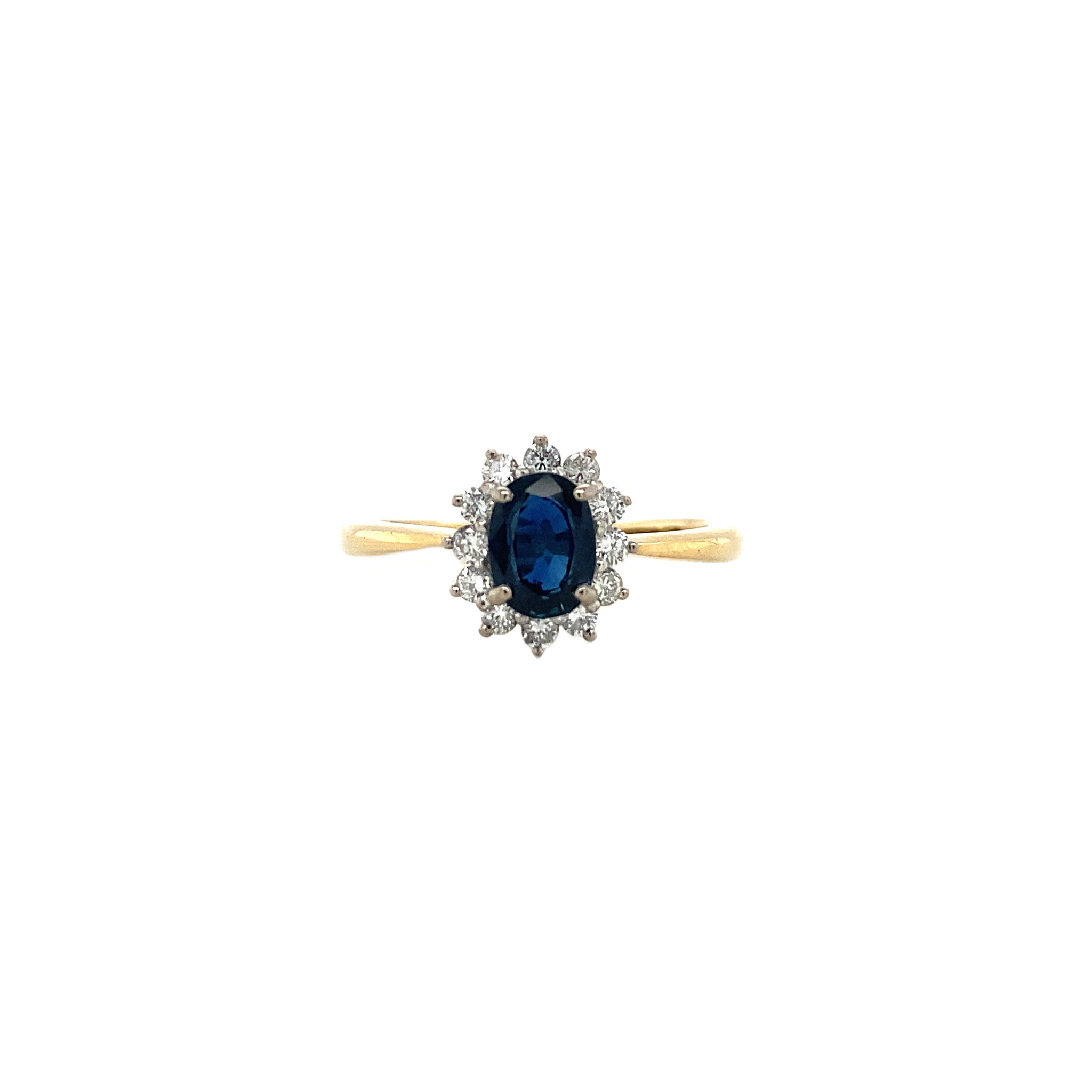Bicolour gold entourage ring with sapphire and diamond 14 krt - Vintage ...