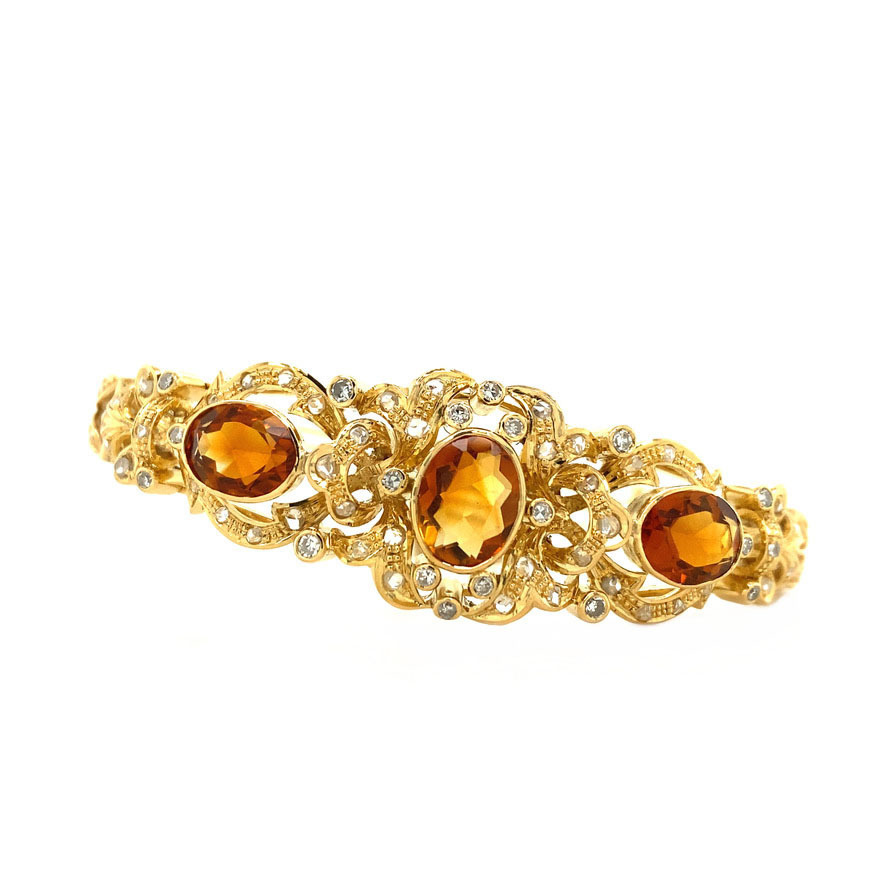 Gold bangle with citrine and diamond 14 krt - Vintage Jewellery