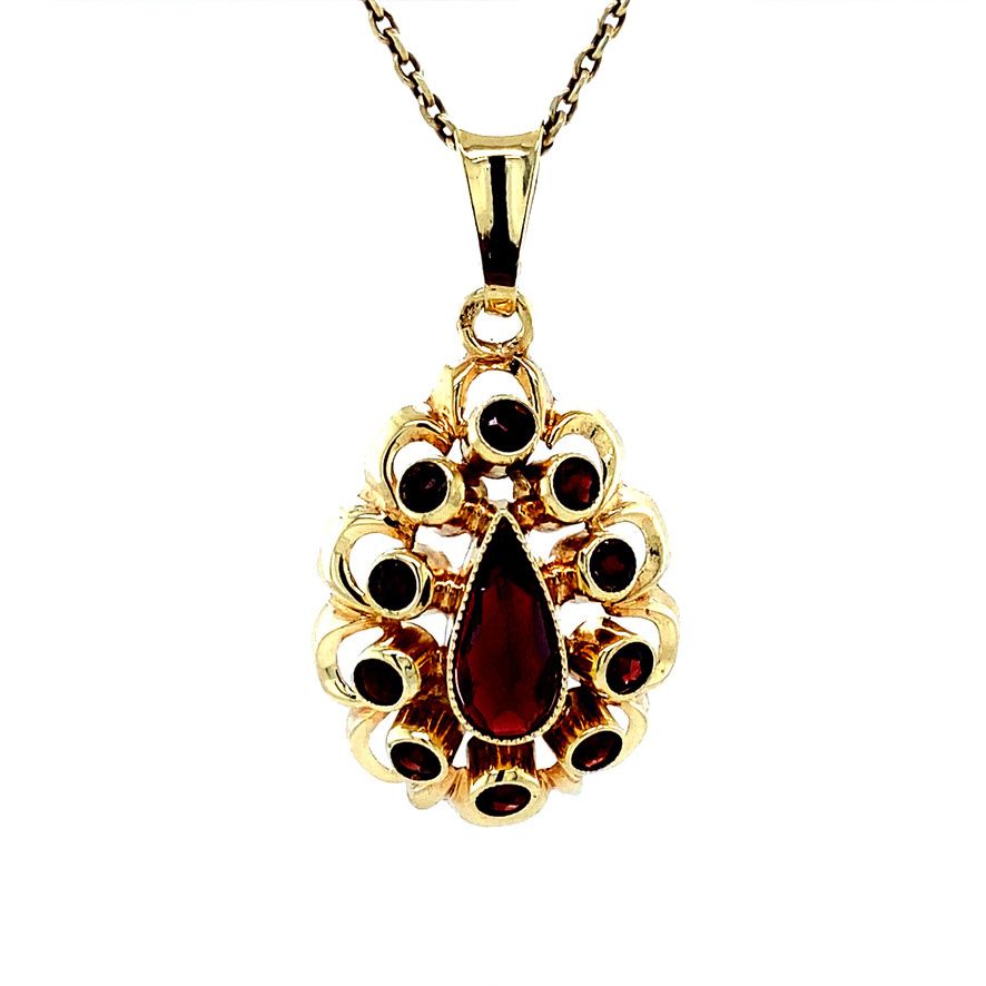 Gold entourage pendant with garnet 14 ct - Vintage Jewellery