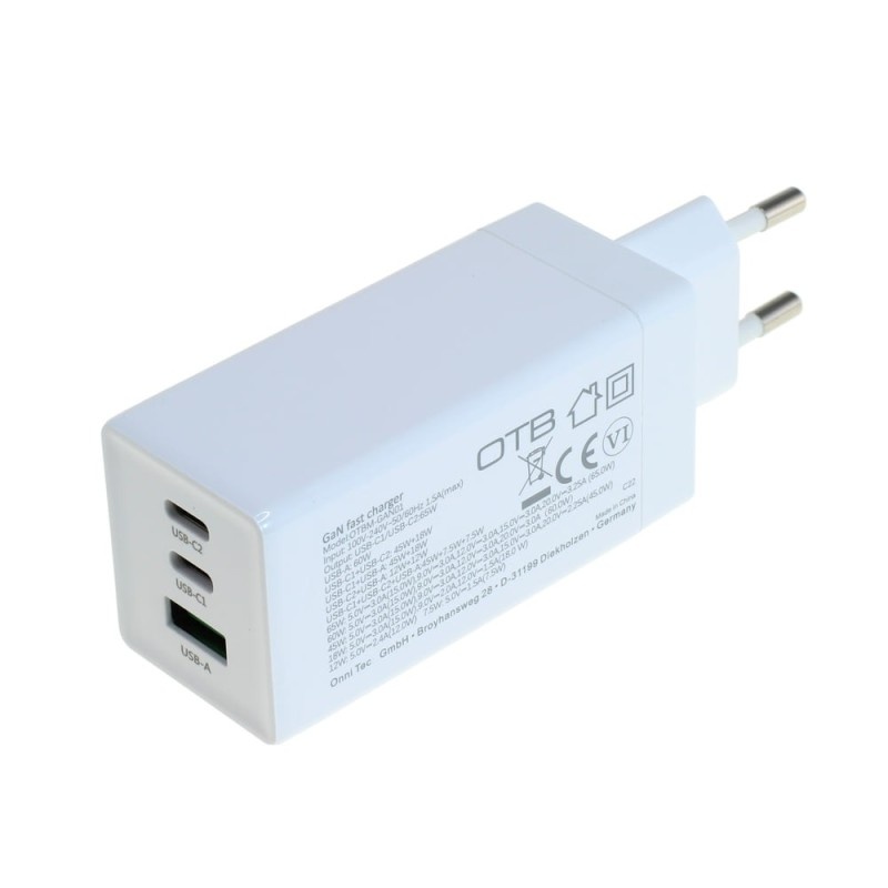 OTB USB lader | 2x USB-C PD + 1x USB-A QC | GaN | 65W | wit ...