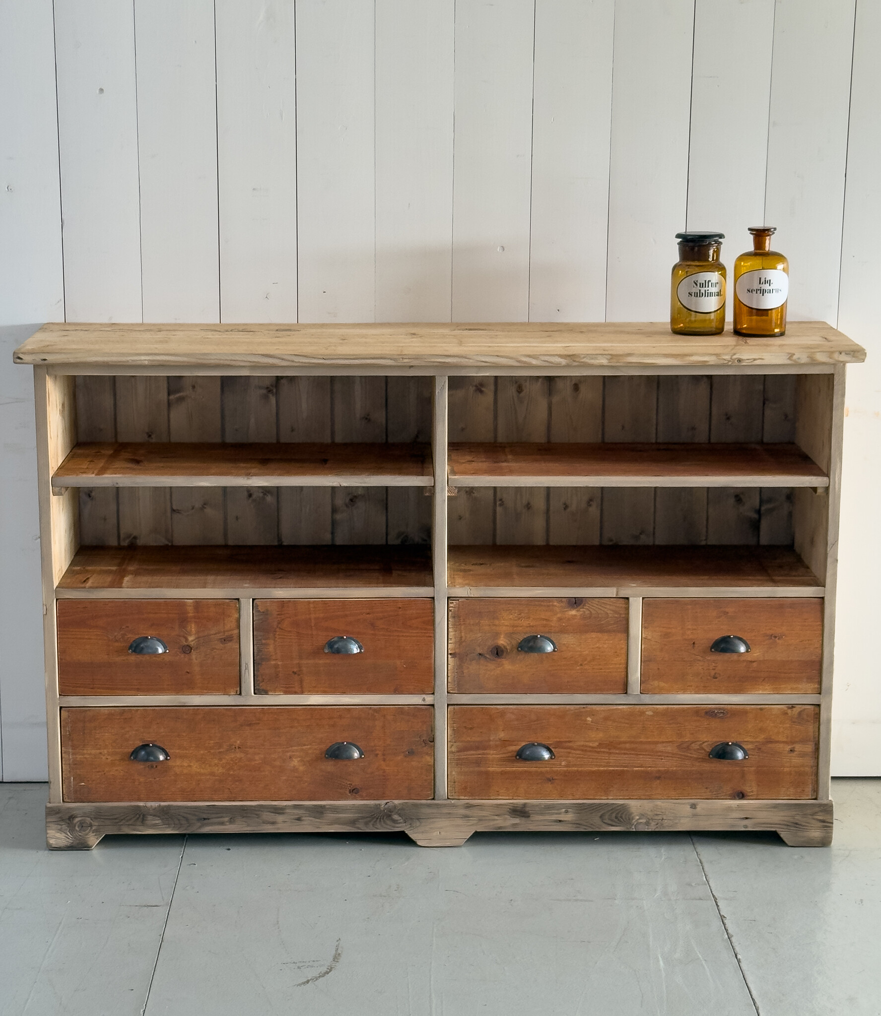 Pine Cabinet with Open Compartments and 6 Drawers – Vintage Chest of ...