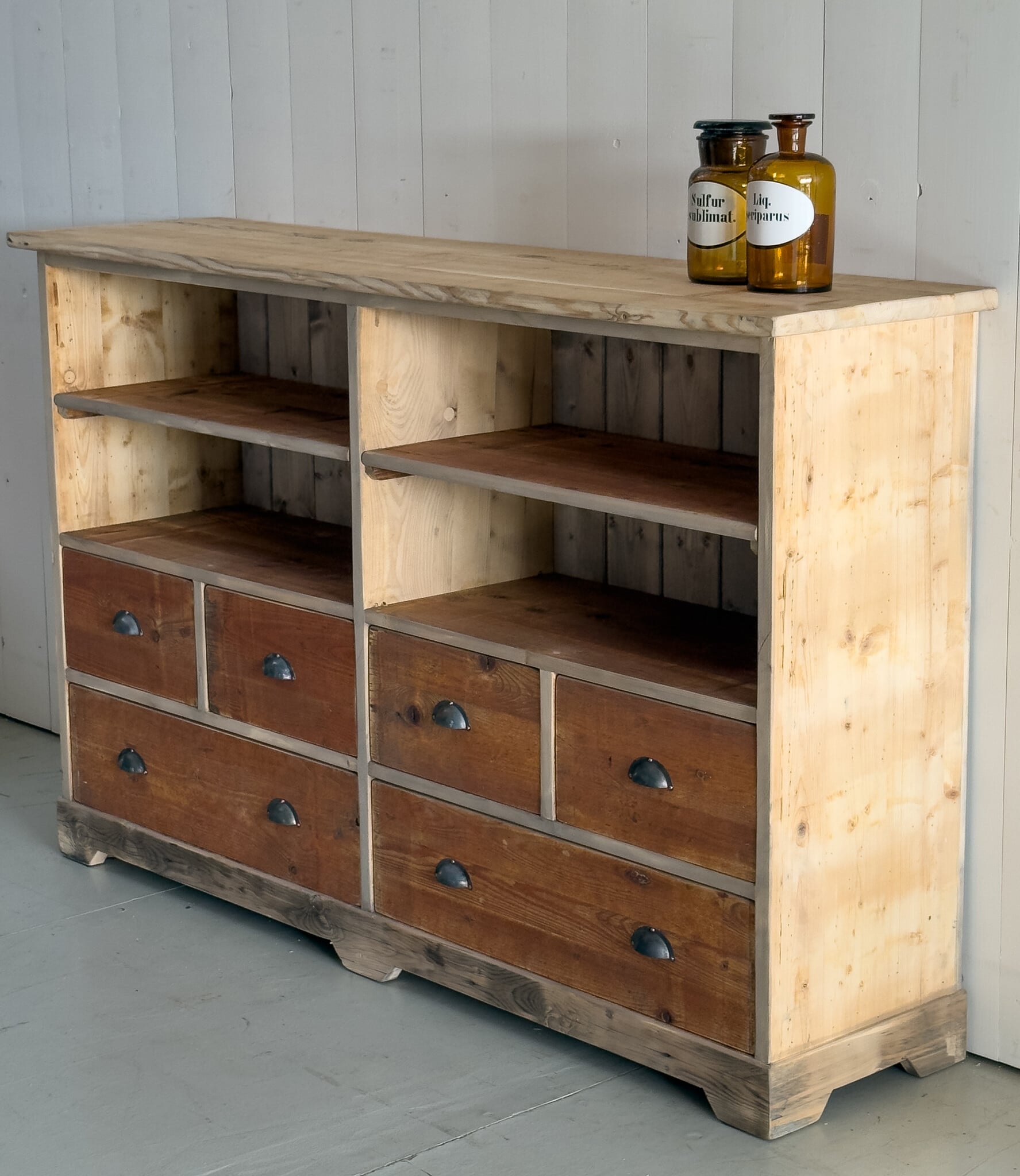 Grenen Kast met Open Vakken en 6 Lades – Vintage Ladenkast - Oldwood de ...