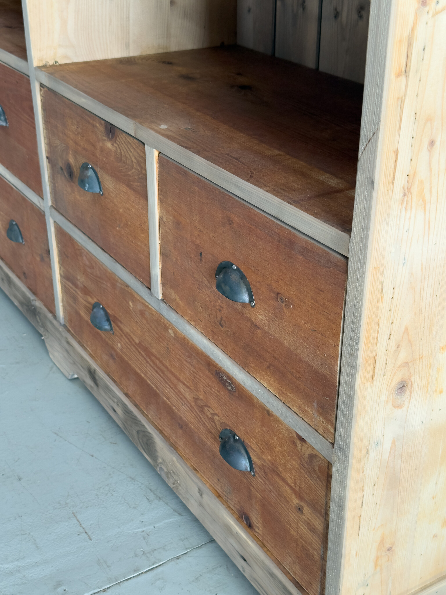 Grenen Kast met Open Vakken en 6 Lades – Vintage Ladenkast - Oldwood de ...