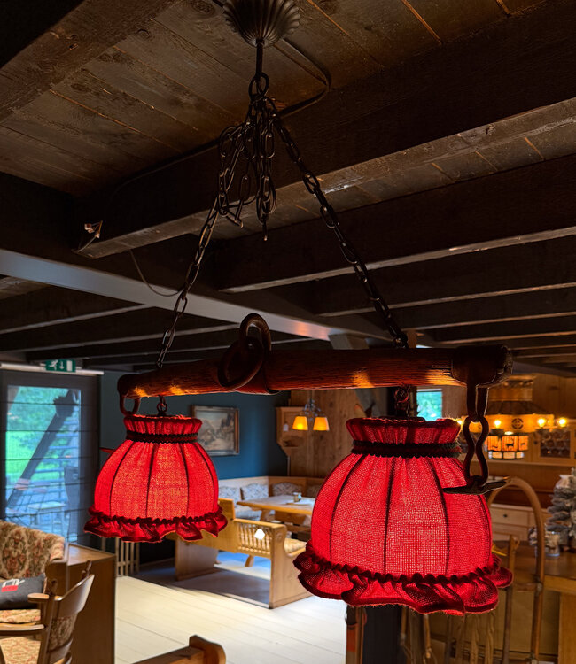 Vintage Alpine pendant lamp – double red with wooden beam | Oldwood ...