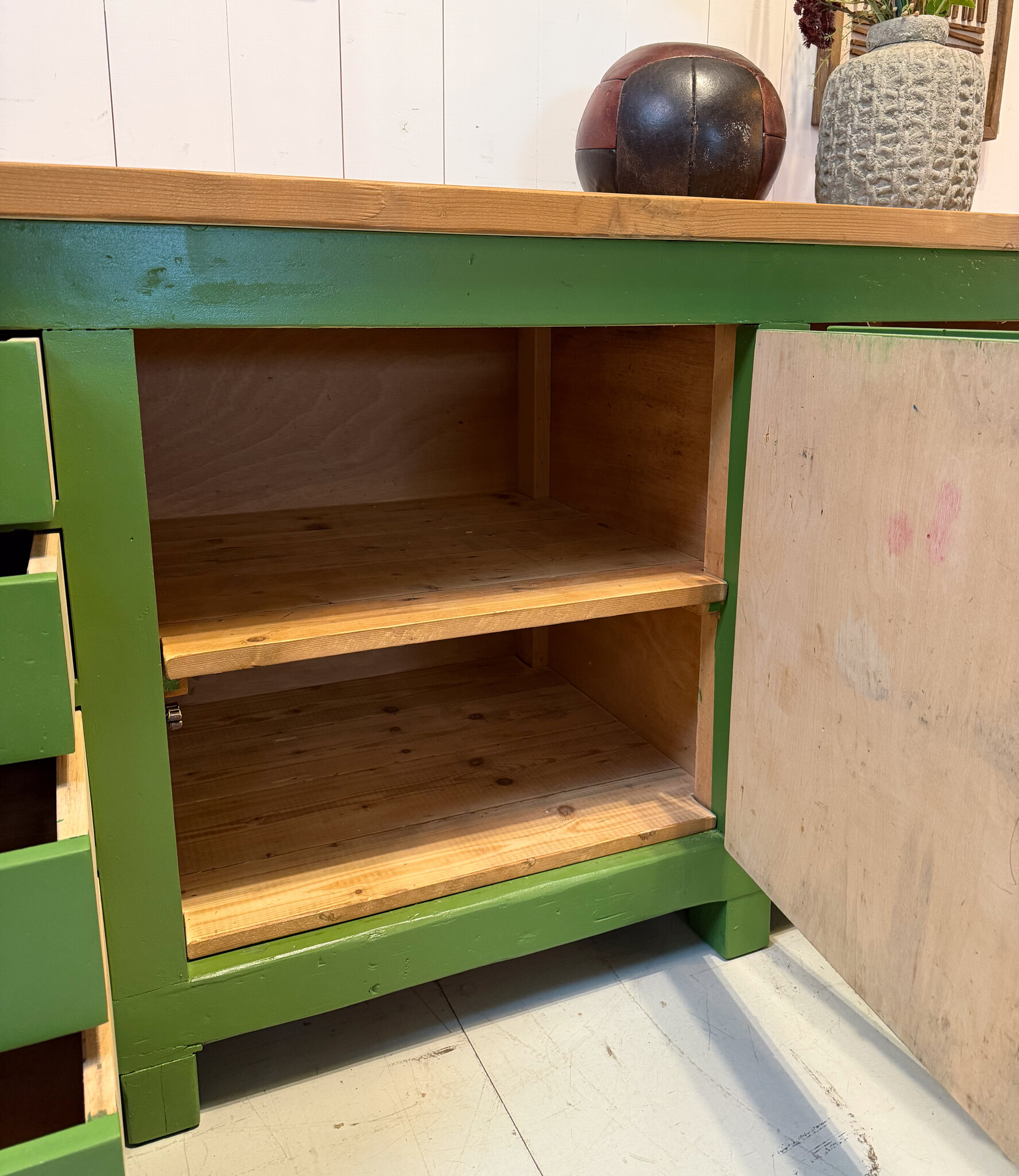 Vintage green wooden workbench – unique industrial sideboard - Oldwood ...